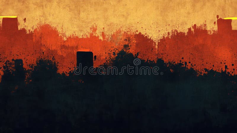 Abstract Landscape with a Gradient of Warm Colors and Dark Silhouettes ...