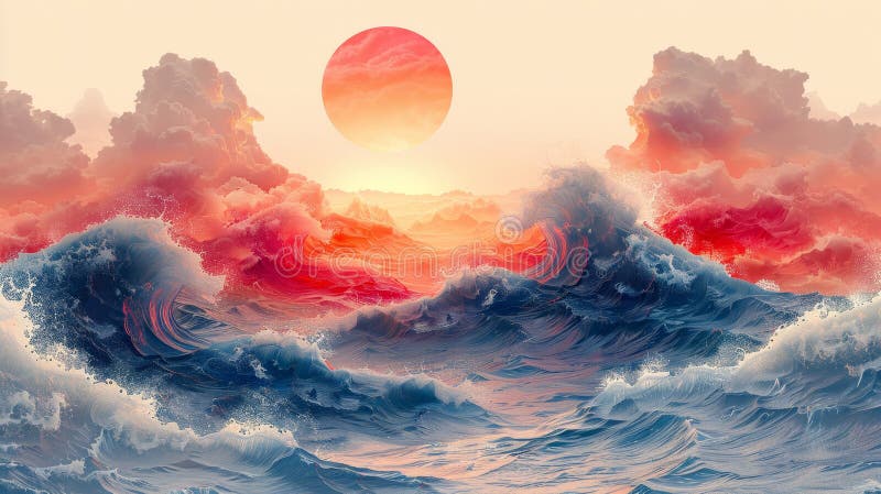 An Abstract Landscape with Japanese Wave Pattern Modern. Oriental Style ...