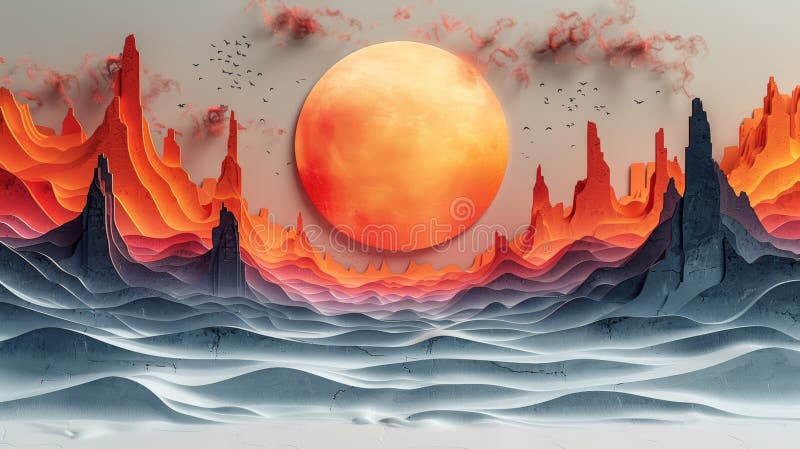 Abstract Landscape with a Large, Glowing Orange Moon and Jagged ...