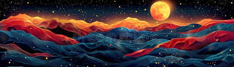 Abstract Landscape with a Large Moon and Starry Sky Stock Illustration ...