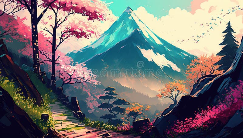 Abstract Landscape with Mountains in Japanese Style. Generative AI ...