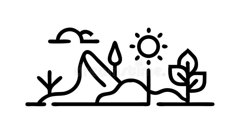 Abstract Landscape with Mountains and Sun, Nature Outline, Vector ...