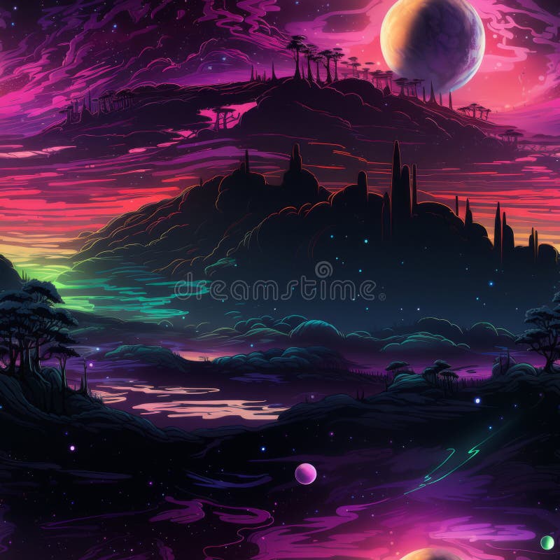 An Abstract Landscape with Planets and Trees in the Background Stock ...
