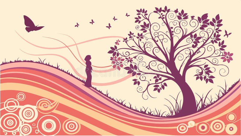 Abstract Landscape with Stylized Tree Figure and Flowing Lines Vector ...