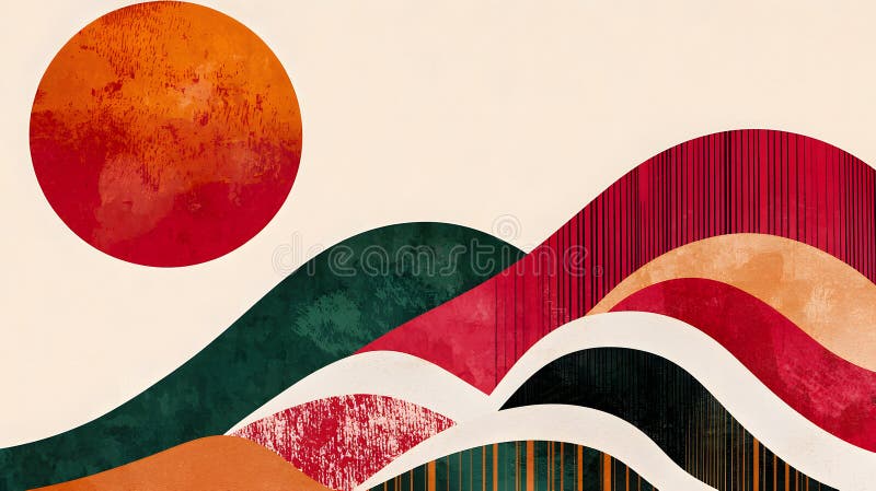 Abstract Landscape with Sun and Wavy Patterns Stock Image - Image of ...