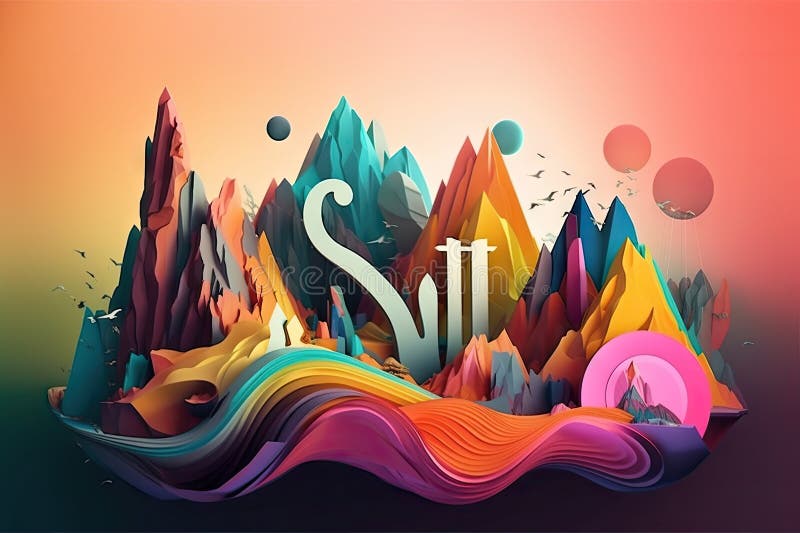 Abstract Landscape with Surreal, Psychedelic Typography and Lettering ...