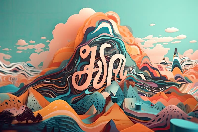 Abstract Landscape with Surreal, Psychedelic Typography and Lettering ...