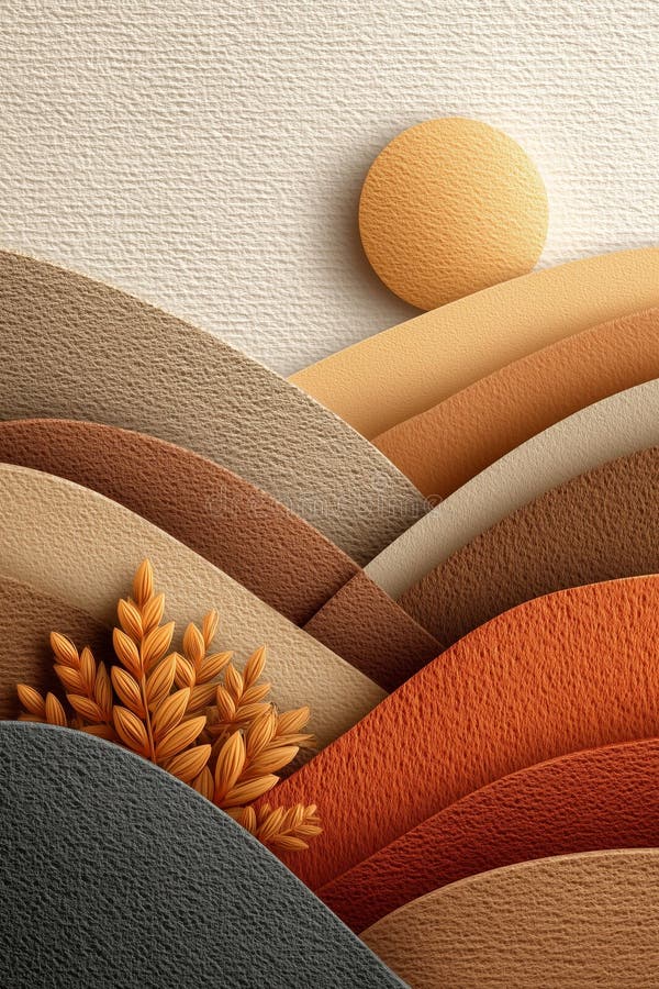 Abstract Landscape with Textured Hills in Warm Earth Tones and a Rising ...
