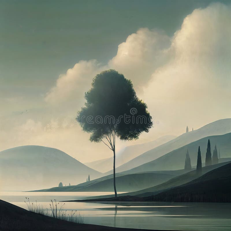 Abstract Landscape with Trees and Hills Stock Image - Image of ...