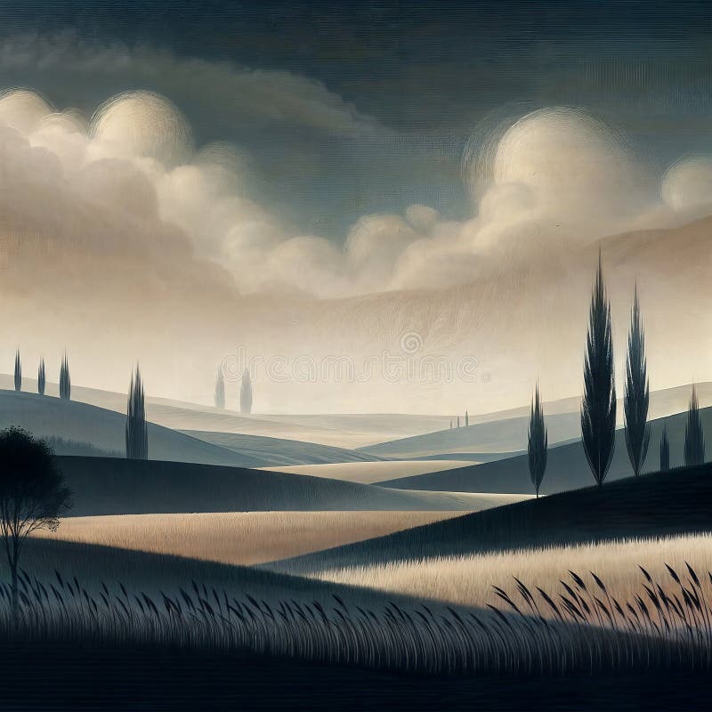 Abstract Landscape with Trees and Hills Stock Image - Image of serene ...