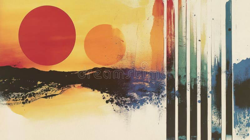 Abstract Landscape with Two Large Suns and Vertical Color Streaks ...