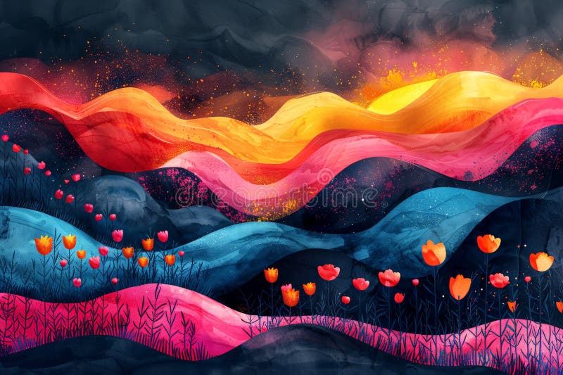 Abstract Landscape with Waves of Color and Flowers, Ideal for Creative ...