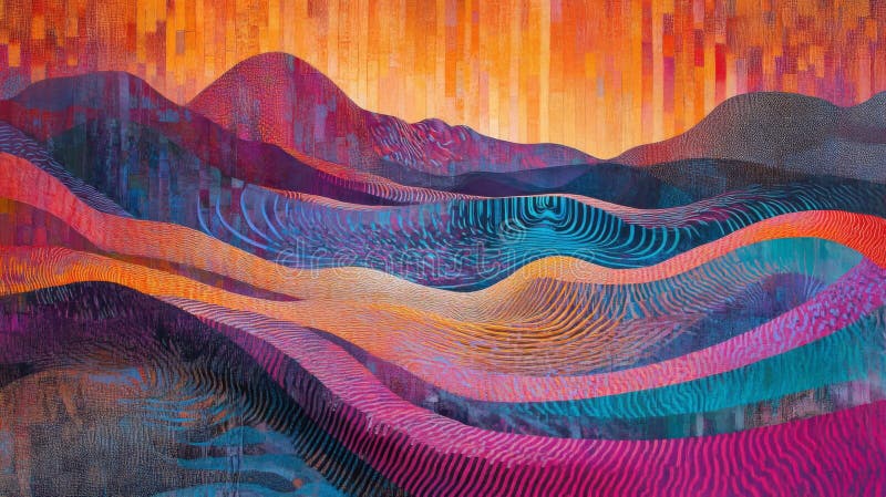 Abstract Landscape with Wavy Hills and Striped Patterns Stock ...