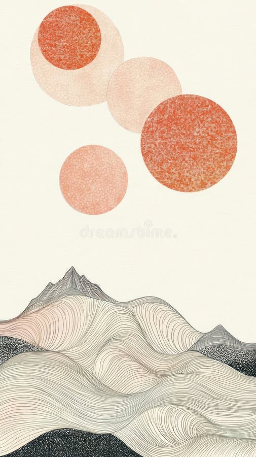 Abstract Landscape with Wavy Terrain and Circular Celestial Bodies ...