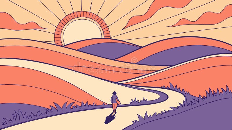 Abstract Landscape with Winding Path and Sunset Vector, Vector Design ...
