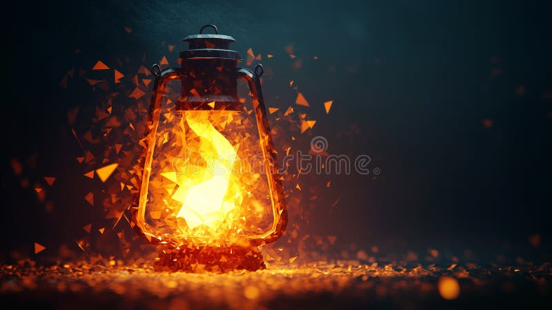 Abstract Lantern with Polygonal Fire and Shattered Glass in Dark Scene ...