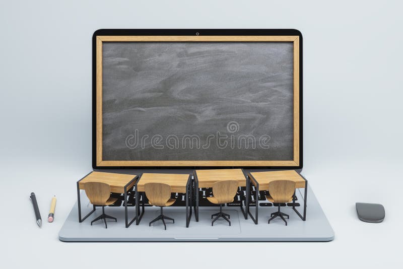 Abstract Laptop Blackboard Screen Classrom on Light Background. Online ...