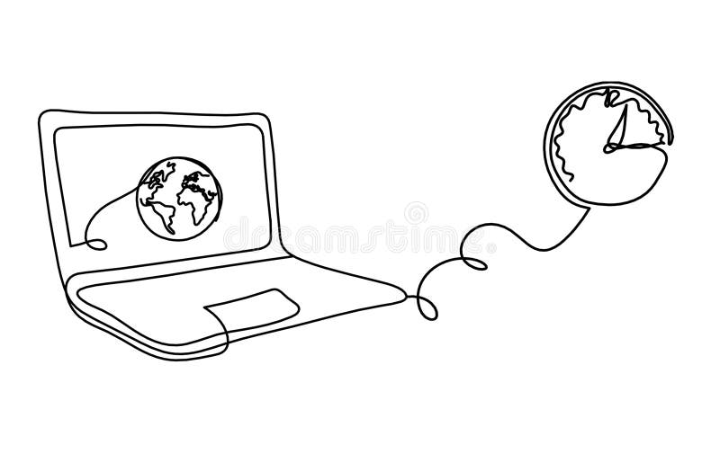 Abstract Laptop and Clock As Line Drawing on White Stock Illustration ...