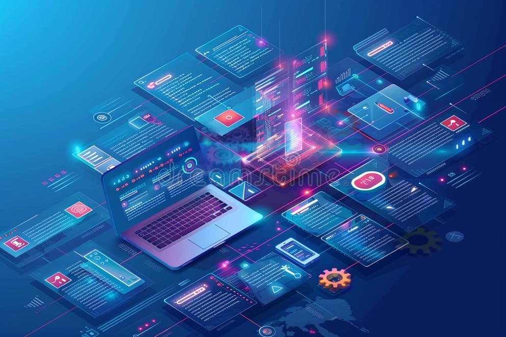 Abstract Laptop with Data Panels and Technology Icons on Blue Backdrop ...