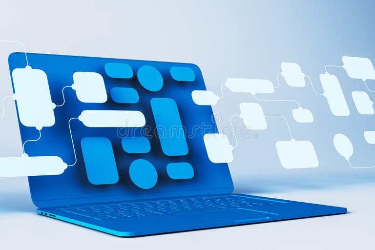 Abstract Laptop with Flowchart Elements in Blue Tones. 3D Rendering ...