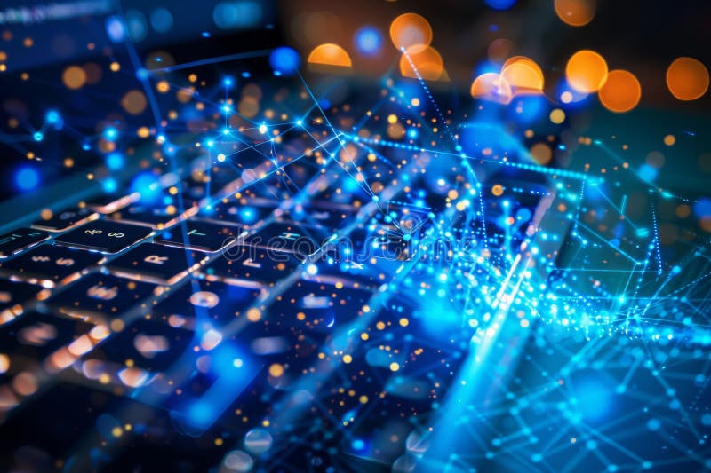 Abstract Laptop Keyboard with Glowing Blue Network Lines Symbolizing ...