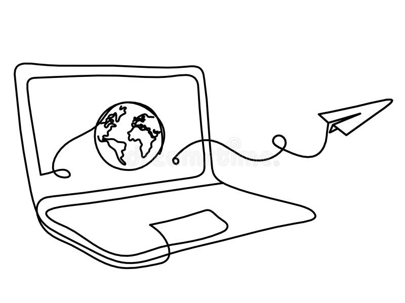 Abstract Laptop and Paper Plane As Line Drawing on White Stock ...