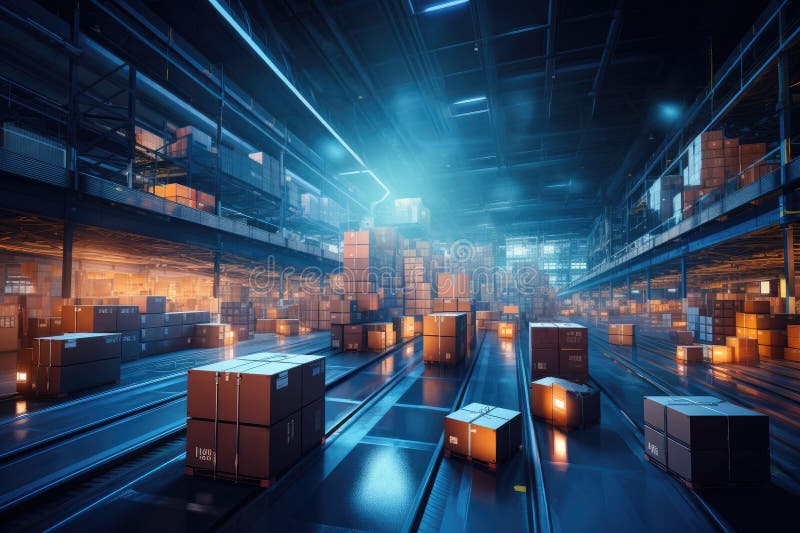 Abstract Large Warehouse with Rows of Multiple Stacks of Boxes and ...