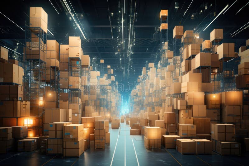 Abstract Large Warehouse with Rows of Multiple Stacks of Boxes and ...
