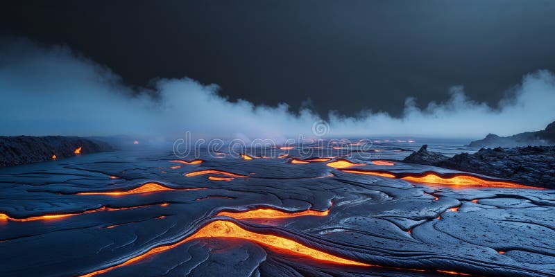 Abstract Lava Flow Across Dark Volcanic Landscape Stock Photo - Image ...