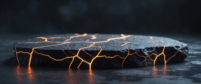 Abstract Lava Stone Platform with Glowing Cracks on Dark Background ...