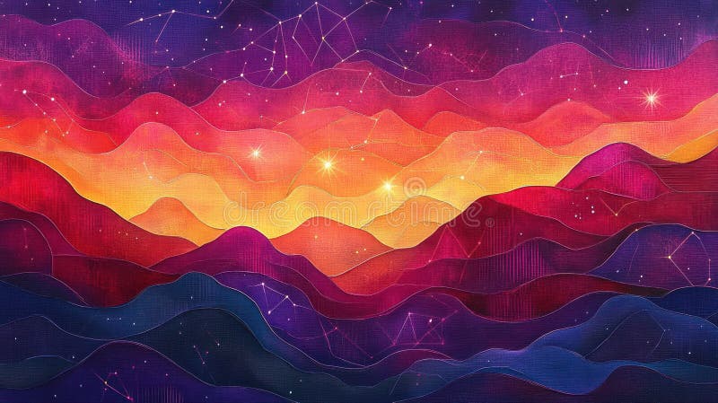 Abstract Layered Mountainscape with Starry Night Sky. Vibrant Colors ...