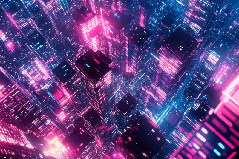 Abstract Layout of Neon-lit Skyscrapers Stock Illustration ...