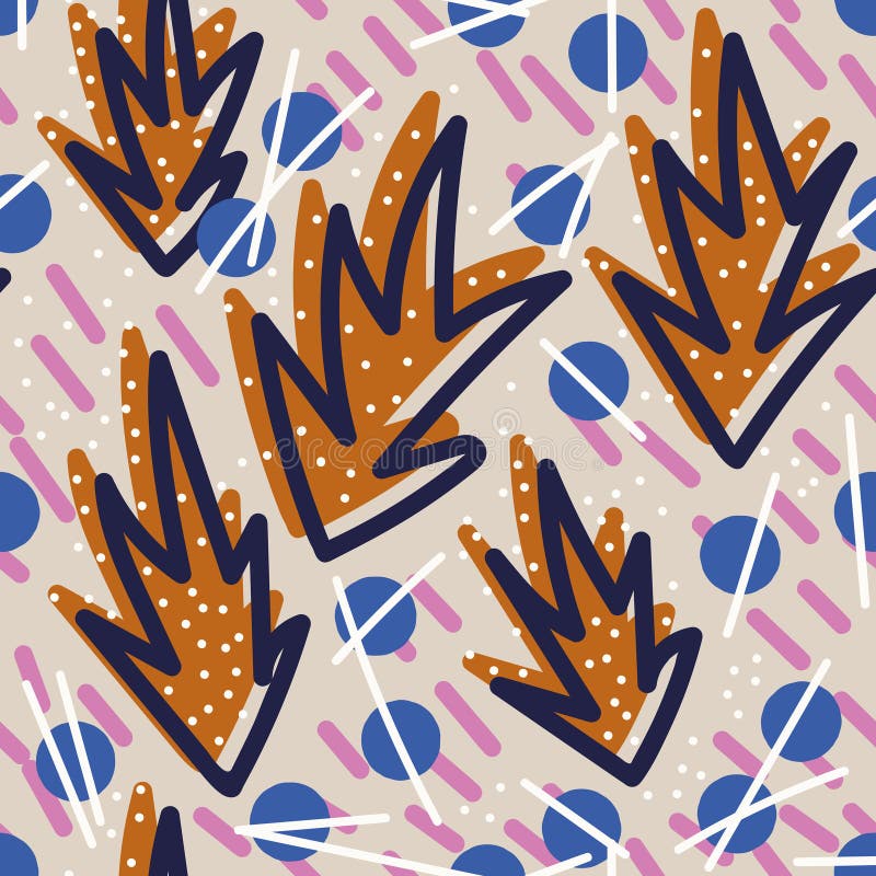 Abstract Leaf Shapes Seamless Pattern with Lines and Dots. Vector ...