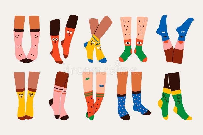 Abstract Legs In Socks Hand Drawn Funny Pairs Of Female Male Feet In