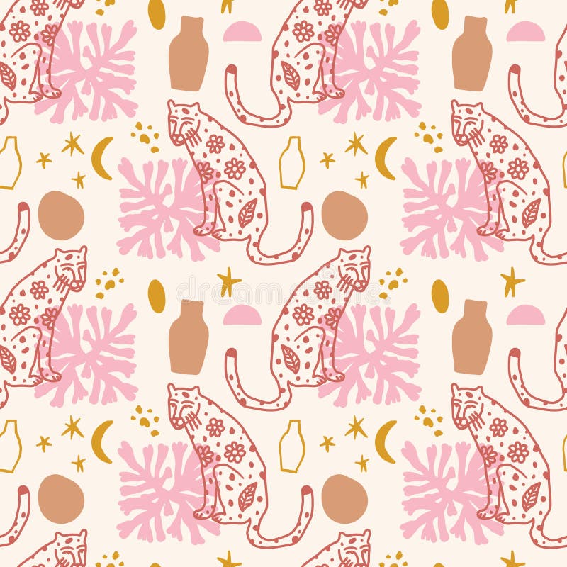 Abstract Leopard Cat Seamless Pattern, Wild Cats Doodle Drawings. Stock ...