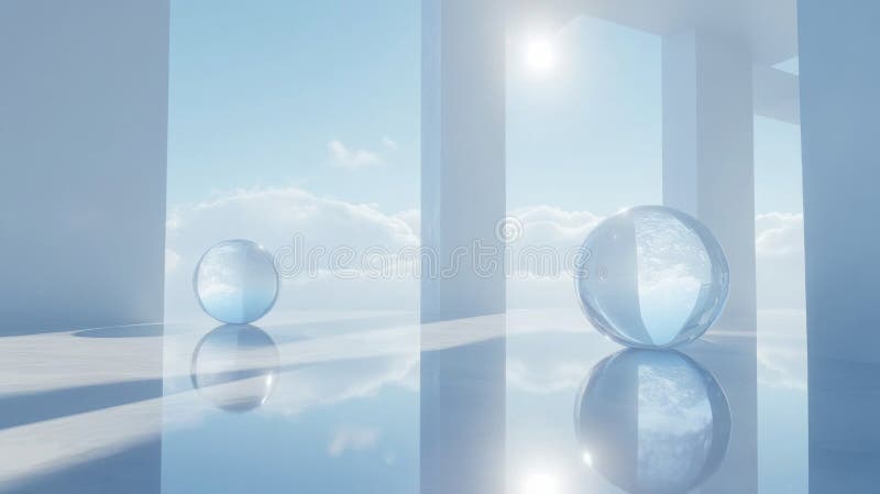 Abstract Light Blue Interior Design with Glass Spheres Stock ...