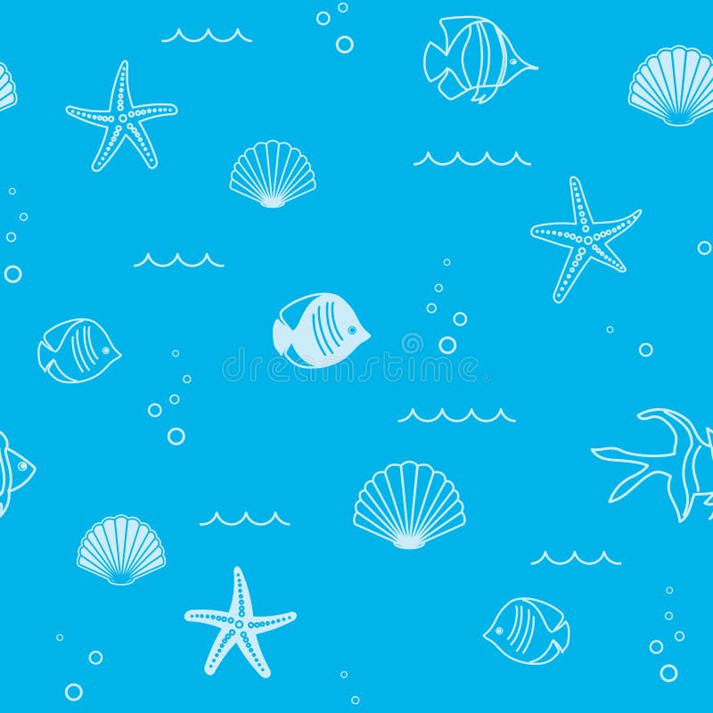 Abstract Light Blue and White Seamless Pattern with Seashells and Fish ...