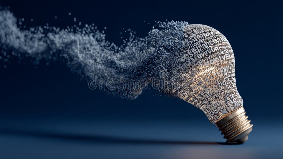 Abstract Light Bulb Composed of Particles and Floating Letters, on Deep ...