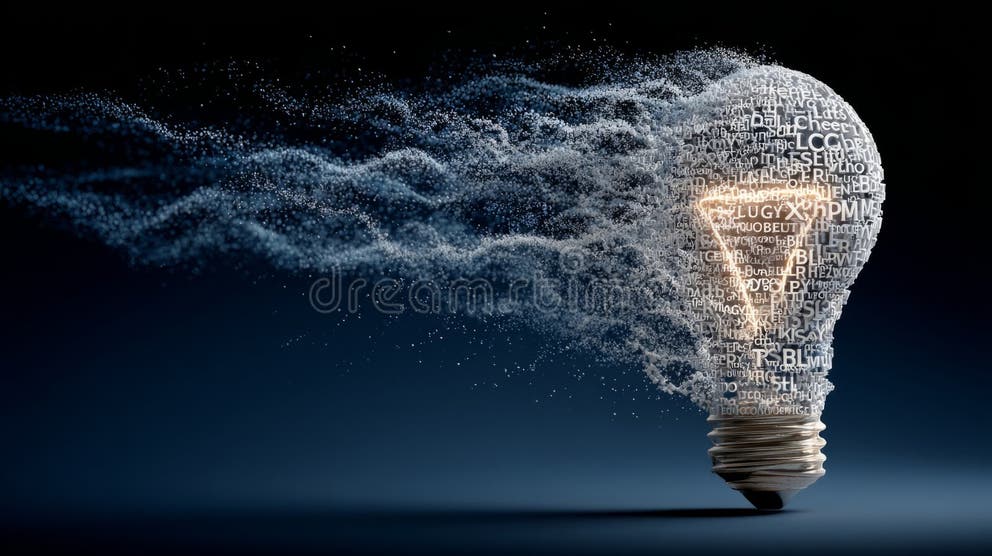 Abstract Light Bulb Composed of Particles and Floating Letters, on Deep ...
