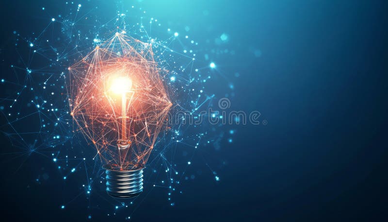 Abstract Light Bulb with Glowing Digital Network on Blue Background ...
