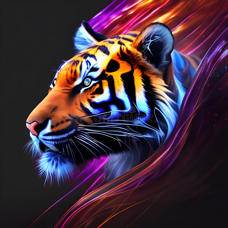 Light Neon Style Art Portrait of a Tiger. Generative AI Stock ...