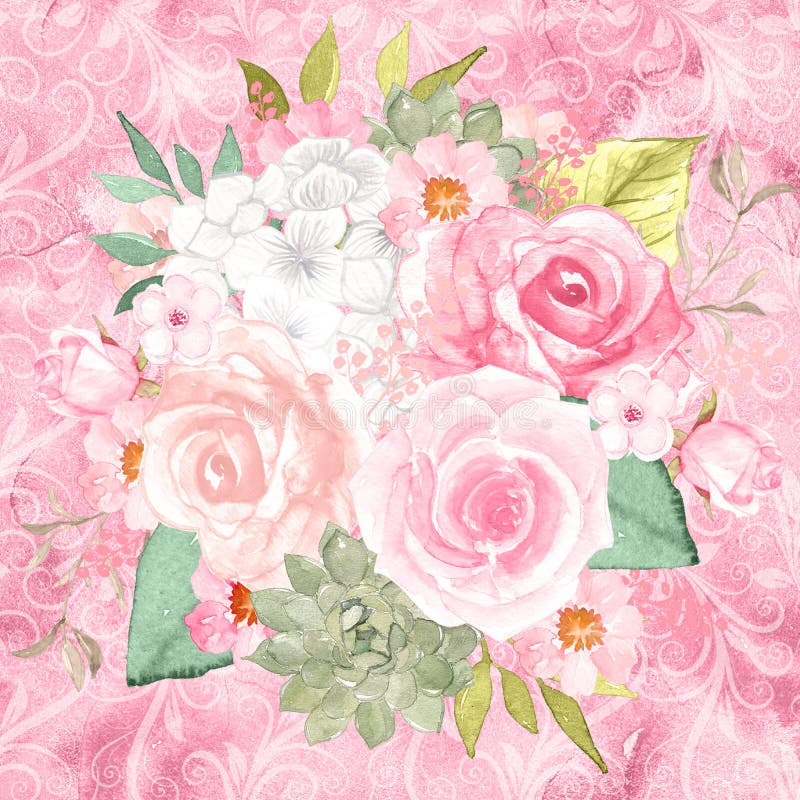 Abstract Light Pink Peach Paper with Pink Flower and Green Leaf Texture ...