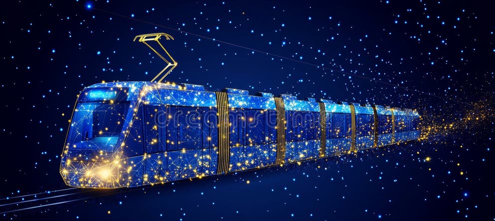 Abstract Light Rail Tram on Blue Technology Background with Connecting ...