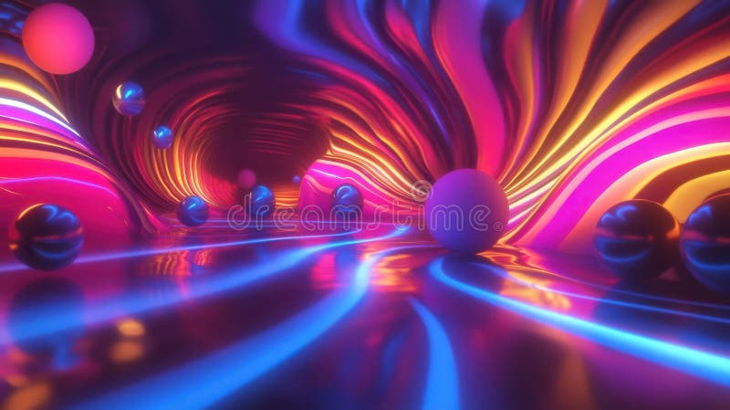 Abstract Light Show with Swirling Neon Patterns and Glowing Orbs in a ...