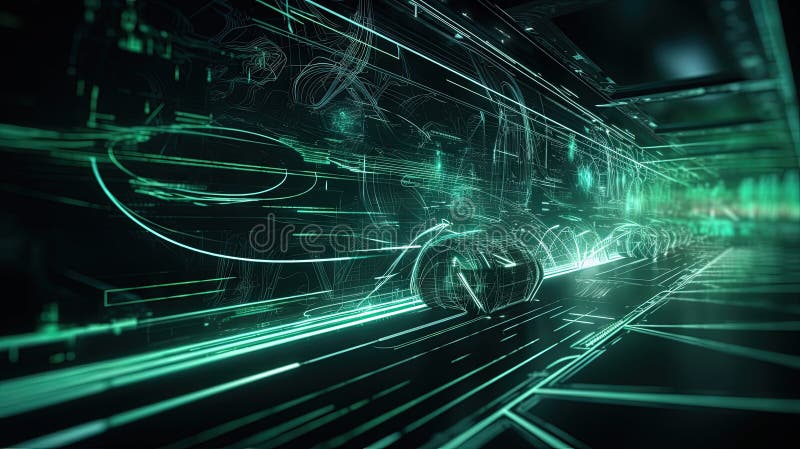 Abstract Light Streaks in a Dynamic Digital Space with Glowing Green ...
