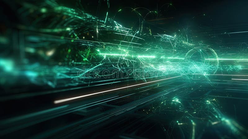 Abstract Light Streaks in a Dynamic Digital Space with Glowing Green ...