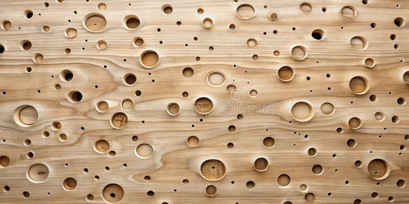 Abstract Light Wood Panel with Numerous Circular Cutouts of Varying ...
