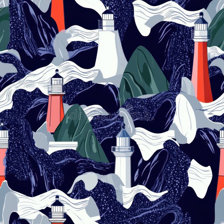 Abstract Lighthouse Pattern with Waves and Mountain Background Design ...