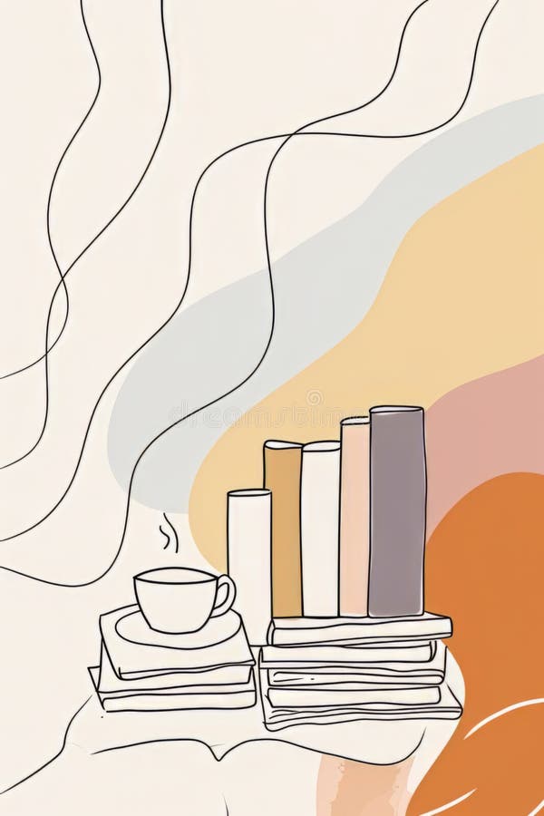 Abstract Line Art of Books and Coffee Stock Illustration - Illustration ...