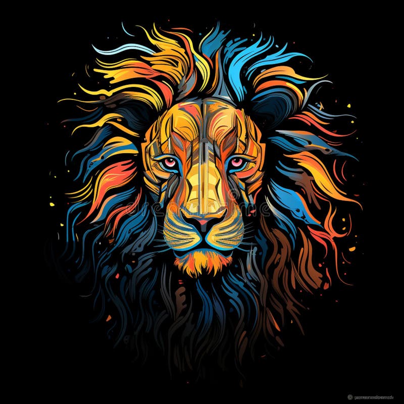 Abstract Line Art Graffiti Lion, Wise Expression Front View Black ...